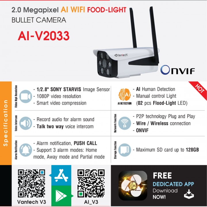 Vantech Camera Wifi Flood Light Onvif Bullet 2.0MP AI-V2033
